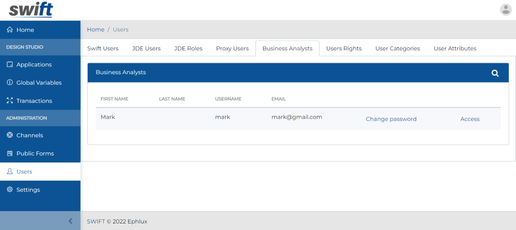 Swift – Administration User Security – Ephlux